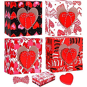 Cooraby 16 Pieces Valentines Day Cupcake Paper Boxes 5 x 5 x 3 Inch Small Goodie Candy Boxes PVC Heart Window Party Present Boxes with Heart Tags and Ribbons