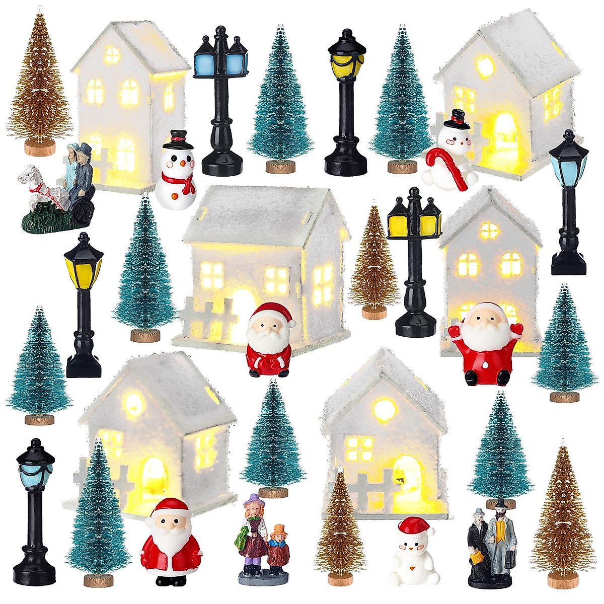 Liliful 36 Pcs Christmas Village Sets White Christmas Village Lighted LED Christmas Village Houses with Figurines Xmas Trees People Villager Snowman Elk Lamp Xmas Scene Figurines Decoration