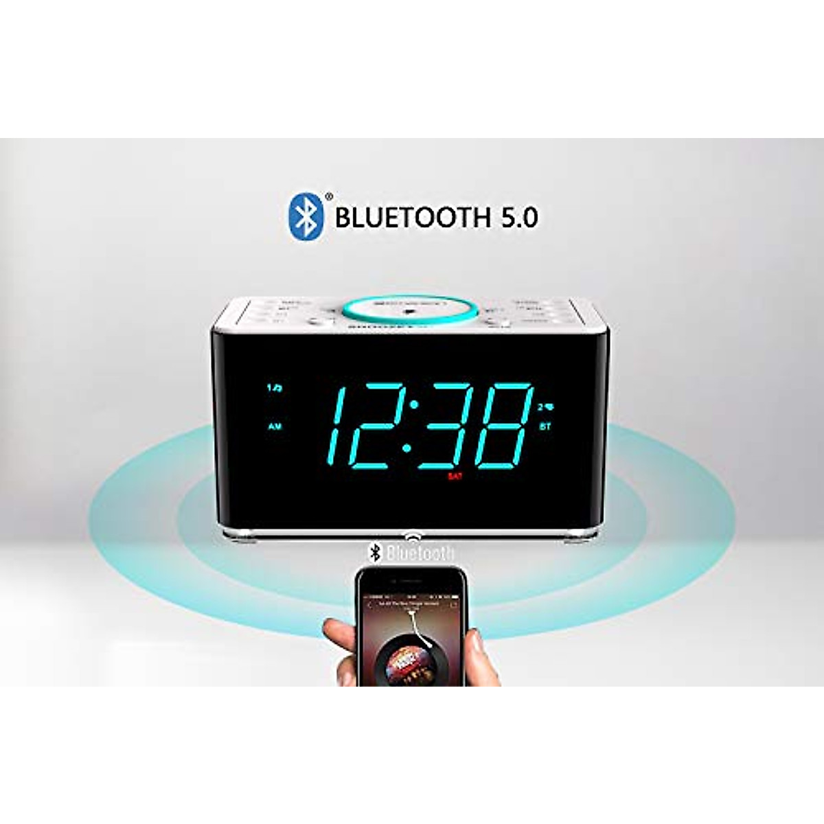 Emerson ER100401 Smartset 15Watt Ultra Fast Wireless Charging Dual Alarm Clock Radio with Bluetooth Speaker, USB Charger, Cyan LED Night Light and 1.4" Display