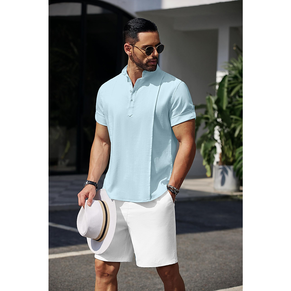 COOFANDY Men's Casual Beach T-Shirts Short Sleeve Henley Pullover Linen Button Down Shirts Fashion Summer Tops Clothing Blue