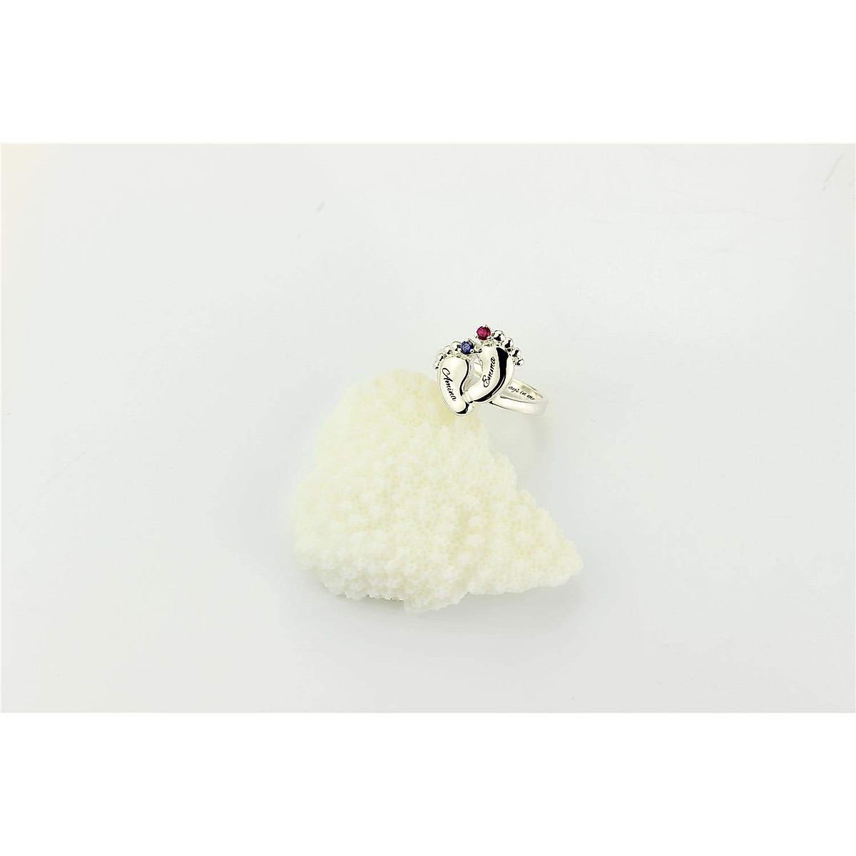 Getname Necklace Womens Pesonalized Name Rings Custom Engraved Baby Feet with 2 Birthstone 2 Name Ring for Mom Silver 9.5