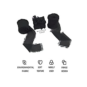 Kainonnan 3 Rolls Black Silk Ribbon Chiffon Ribbon Handmade Fringe Ribbon 1.5" x 7Yd Ribbon for Gift Wrapping Wedding Invitations Wedding Bouquets Decor (Black)