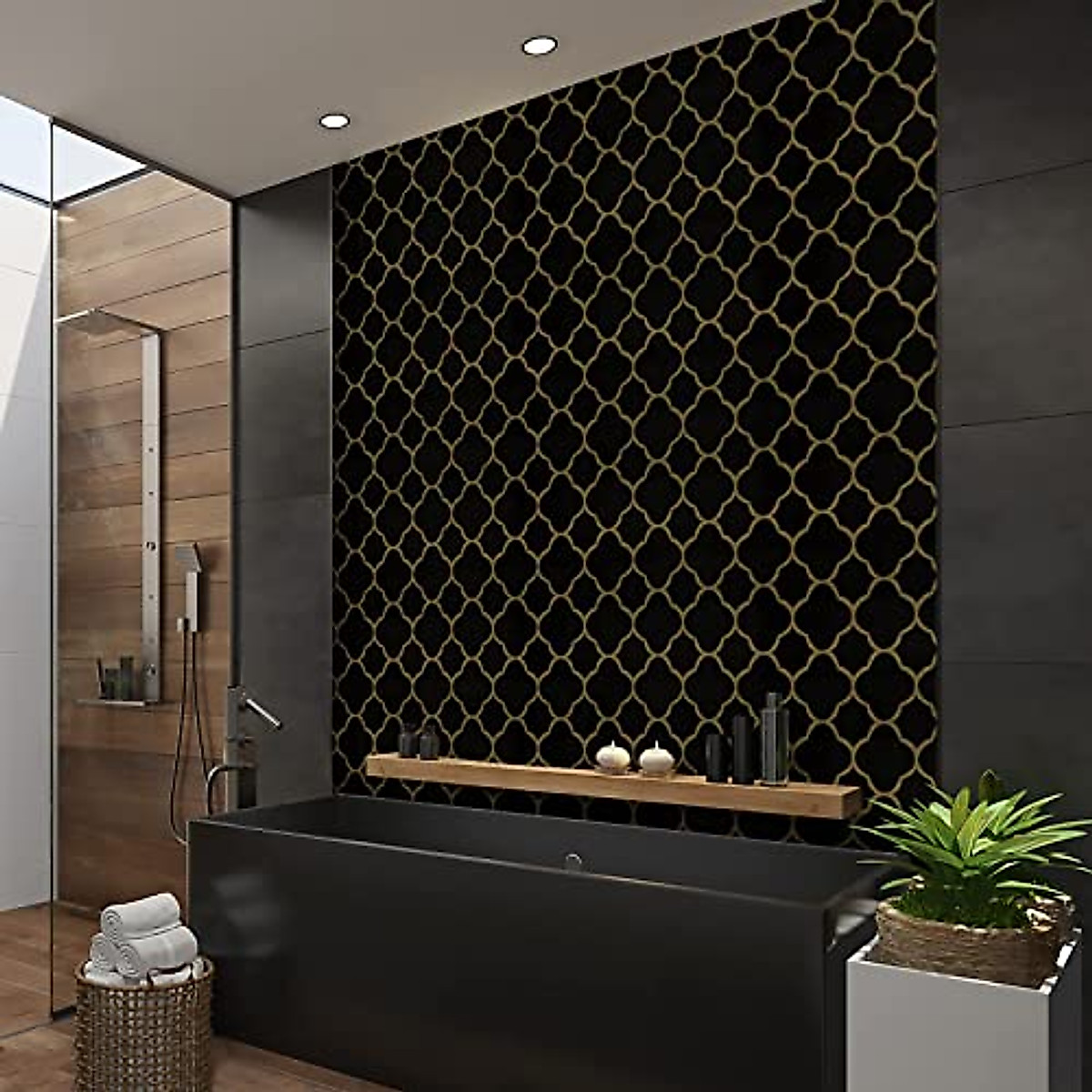 Feisoon 17.7"x118" Black and Gold Wallpaper Geometric Wallpaper Trellis Pattern Peel and Stick Wallpaper Removable Modern DIY Contact Paper Self Adhesive Wallpaper for Living Room Bathroom Decor