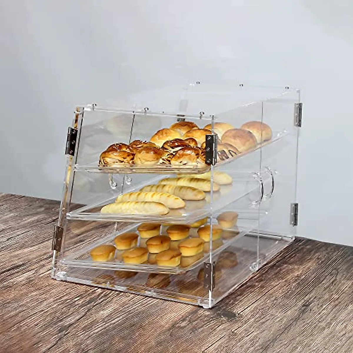 Pastry Display case countertop Bakery Bread Display Cabinet Cookie Donut Dessert Box Food Display Stand with 3 Tray (Back Door and frontdoor)