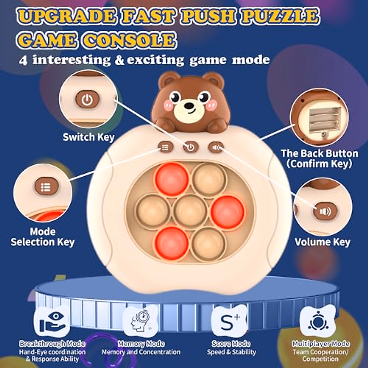 Fast Push Pop Pro Light Up Fidget Bubble Game Controller, Puzzle Pop Pro Game Fidget Toys Adults Handheld Bubble Pop Fidget Game Console Anti-Anxiety Autism Decompression Electronic Travel Game Toy