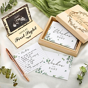 53 Pcs Baby Shower Games Set Including 50 Pcs Wishes for Baby Shower Advice Wishes Cards with Wooden Keepsake Box, Sonogram Photo Picture Frame and Rose Gold Pen for Baby Shower Birthday Activities
