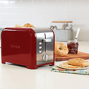 Koolatron Kenmore 2-Slice Toaster, Stainless Steel, Red and Silver, with Extra Wide Slots, Self-Adjusting Bread Guides, Defrost, Bagel and Removable Crumb Tray, Small (KKTS2SR AZ)
