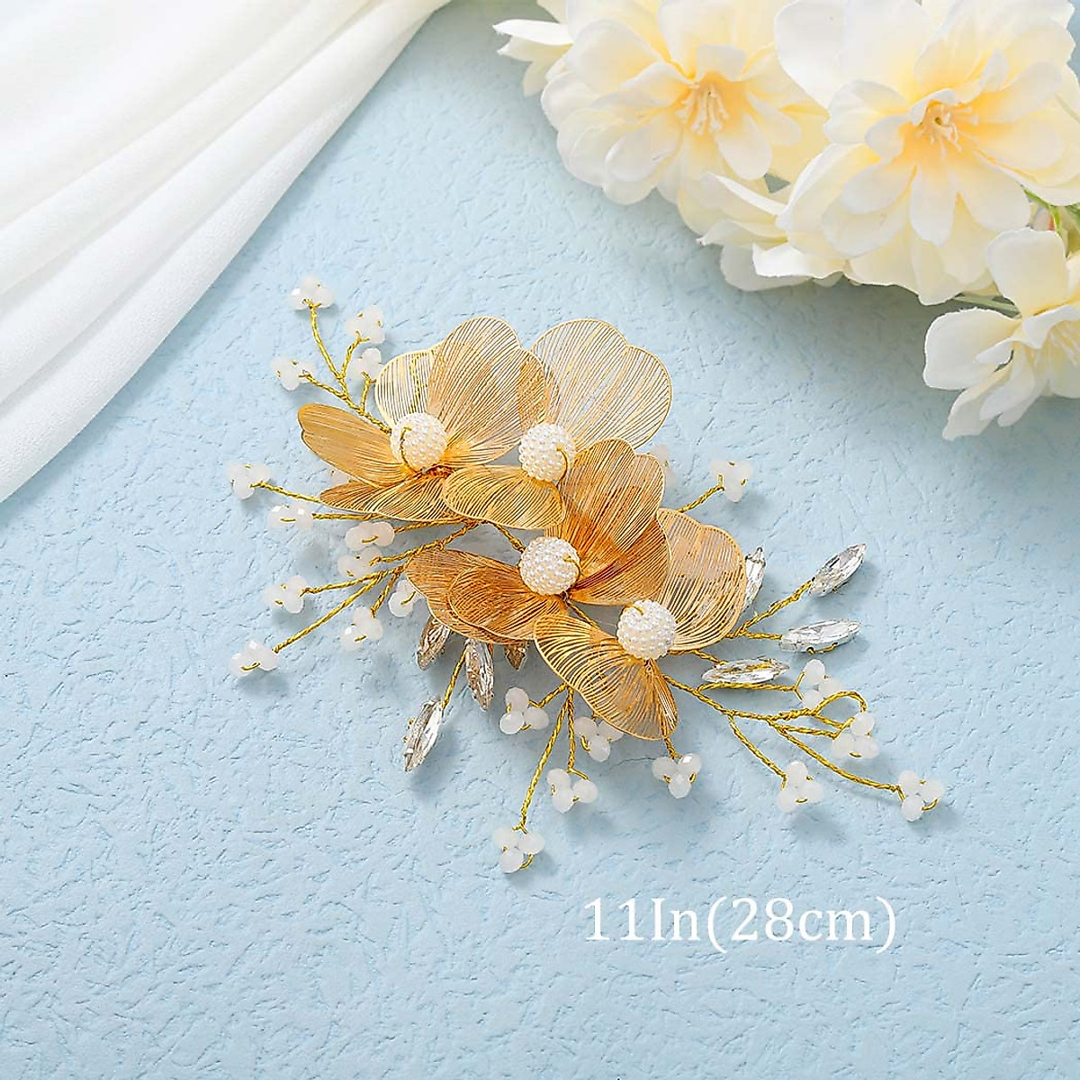 Catery Flower Bride Wedding Hair Vine Gold Floral Headband Pearl Bridal Headpiece Head Piece Hair Band Hair Accessories for Women and Girls