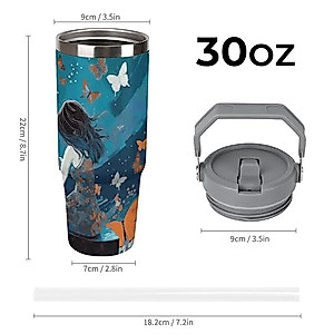 RTFGHJS Girl Playing Piano 30 Oz Tumbler with Handle And Flip Straw, Stainless Steel Vacuum Insulated Travel Mug, Thermal Cup for Coffee, Water, Iced Drinks, Fits Car Cup Holders (Home, Sports)