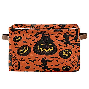 Wusikd Orange and Black Halloween Storage Basket Set of 1 Large Fabric Pumpkin Witch Storage Basket Bins Box Cube with Handles Collapsible Closet Shelf Clothes Organizer Basket for Nursery Bedroom