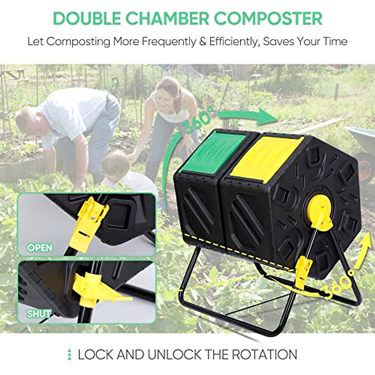 HomGarden Dual Chamber Compost Tumbler for Garden and Outdoor, 37 Gallon High Volume Composter with 2 Sliding Doors, Black