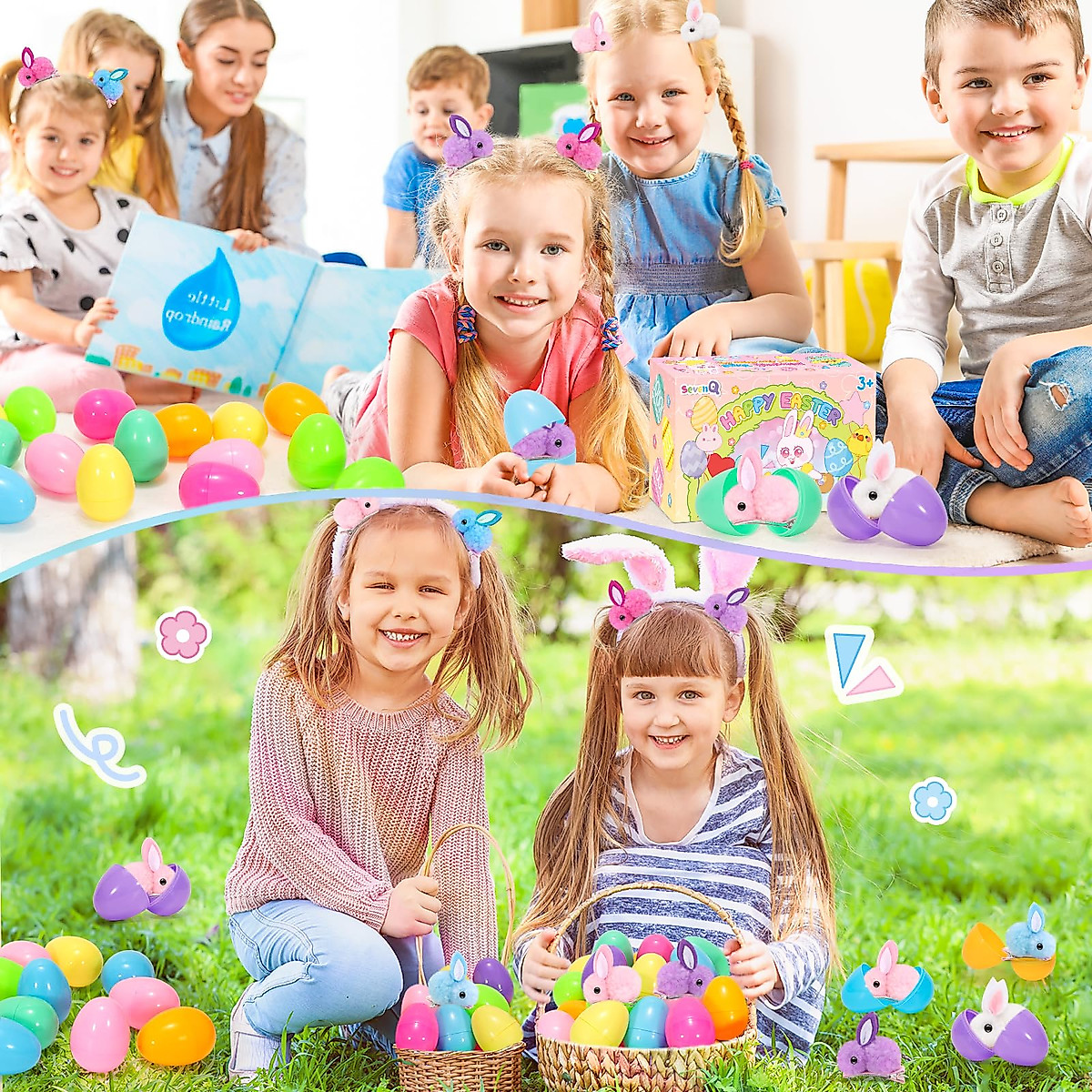 SevenQ Easter Eggs Fillers with Bunny Hair Clips Colorful 24 Pack, Easter Basket Stuffers Party Favors Gift Bags for Kids Cute Stuff Plush Fidget Toys Classroom Treasure Box Egg Hunt Games Supplies