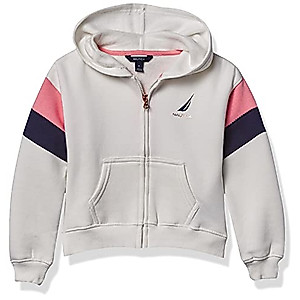 Nautica Girls' Logo Sweatshirt, Fleece Hoodie with Full-Zip Front & Pockets, Marshmallow Block, 16