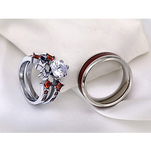 ringheart Couple Rings White Gold Filled Heart Stone Red Cz Womens Wedding Ring Sets Wood grain Man Tungsten Wedding Band
