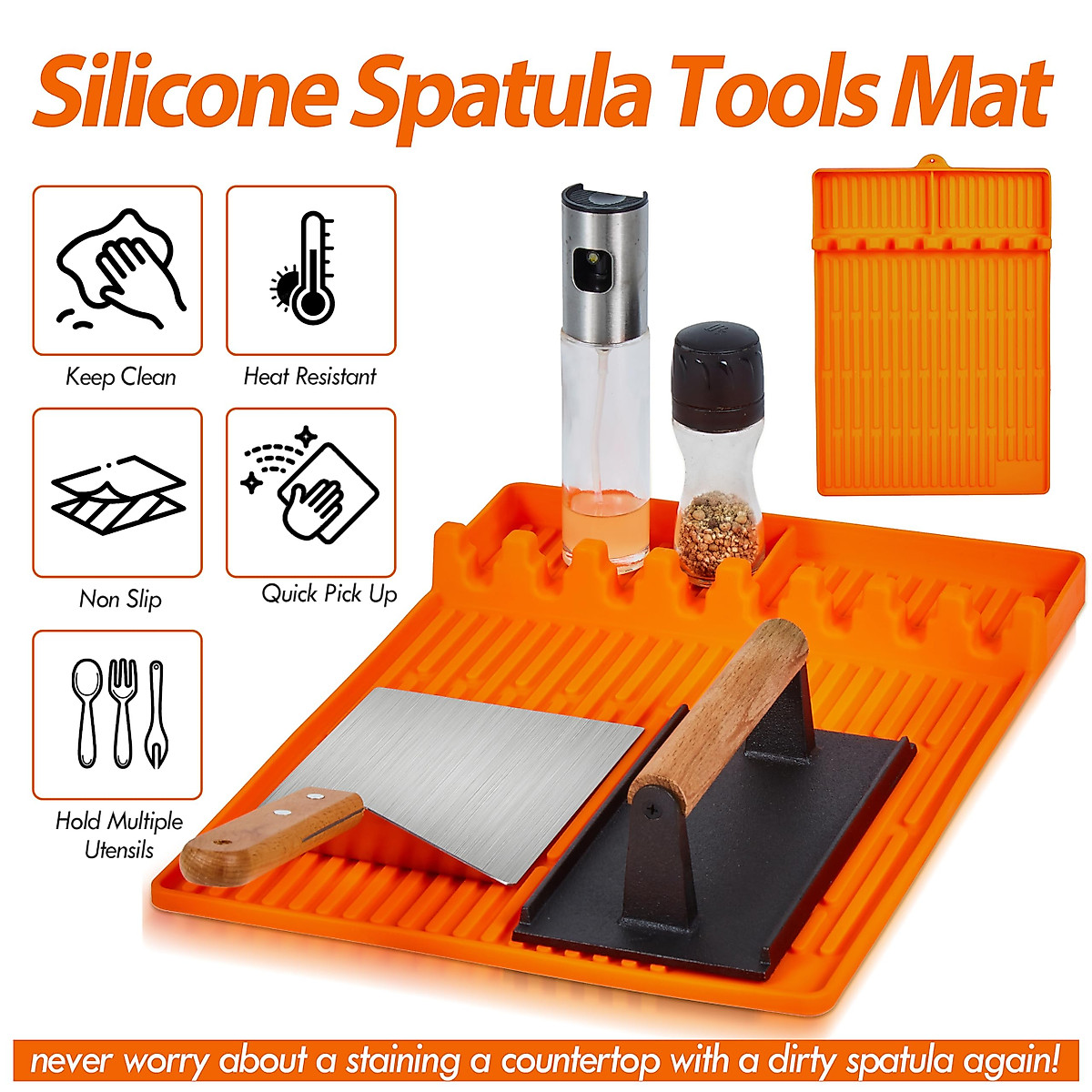 ISSEVE Silicone Griddle Tools Mat for Blackstone, Large Silicone Spatula Mat with Drip Pad, Grill BBQ Caddy Utensils Holder for Kitchen, Cooking & Countertop, Griddle Accessories for Blackstone Orange