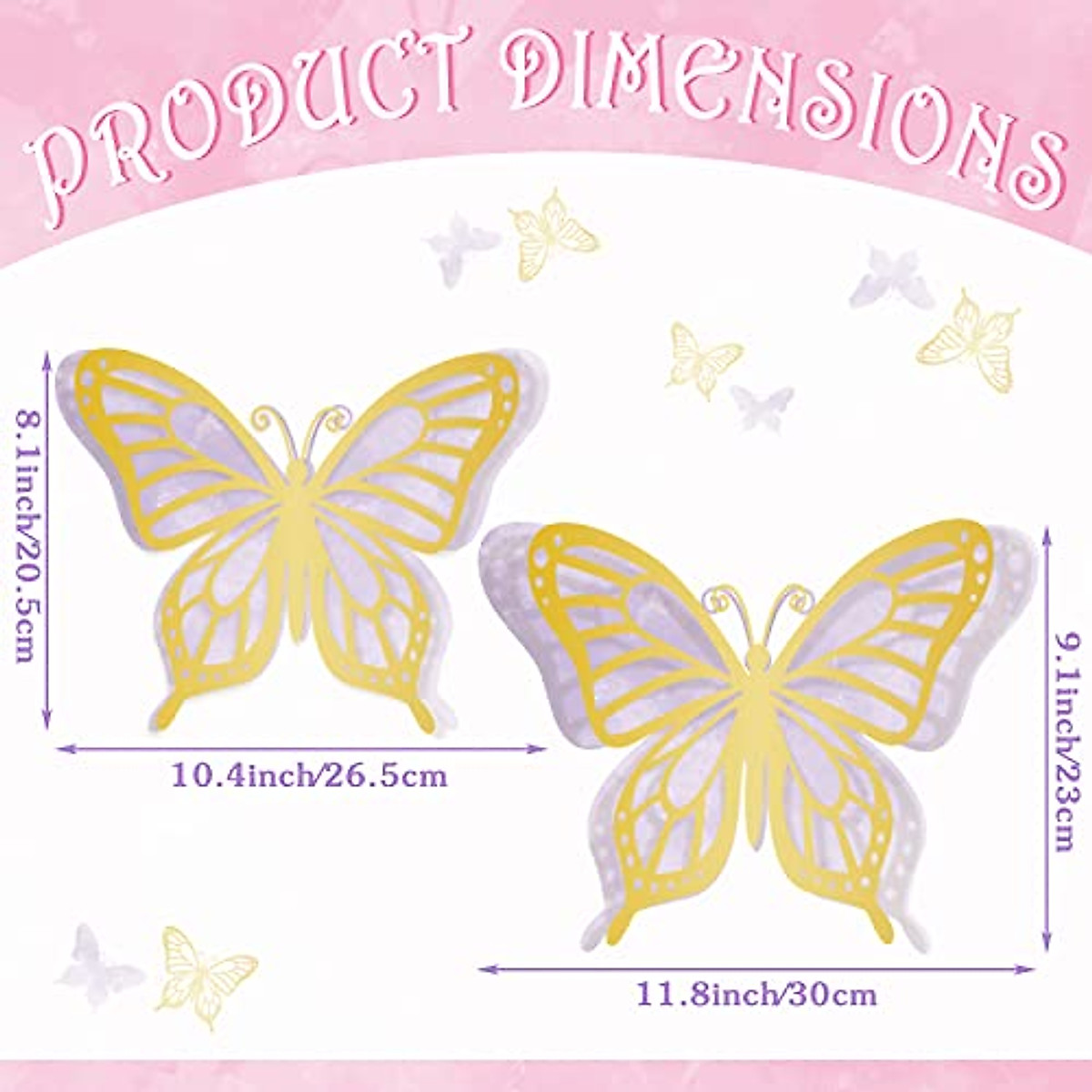 Estune 15 Pcs 3D Large Butterfly Wall Decor Gold Butterfly Decorations Paper Butterfly Wall Stickers for Girls Kids Birthday Wedding Baby Shower Party Nursery Room Classroom Bedroom Decor 2 Size