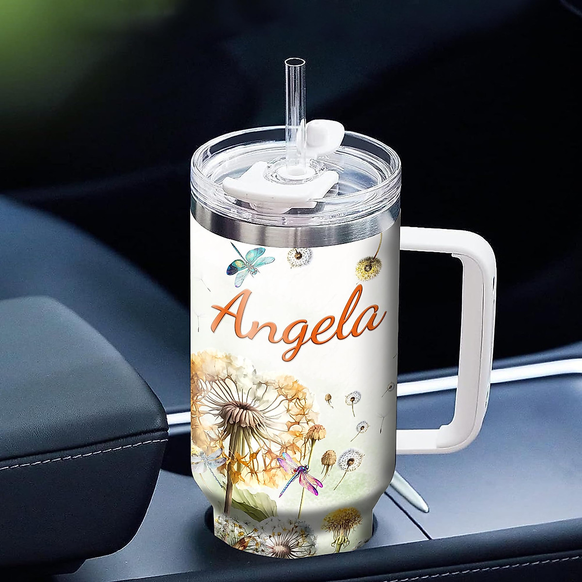 WAZONE Personalized Dandelion Dragonfly 40oz Tumbler with Handle and Straw Lid Custom Name Taraxacum Flower Insulated Cup Stainless Steel Travel Mug Vintage Style Jesus God Christian Gifts For Women