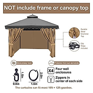 AONEAR Gazebo Privacy Curtains with Zipper 4-Panels Side Wall Universal Replacement for Patio, Outdoor Canopy, Garden and Backyard (Curtain Only) (10' x 12')