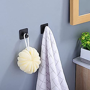 Pomojonbi Towel Holder with 2 Packs Adhesive Hooks 16-Inch Hand Towel Rack Towel Hook Stick on Wall, Bathroom Hardware Black