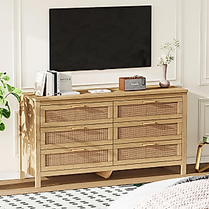 Keehusux Rattan 6 Drawer Dresser for Bedroom, Wooden Storage Chest of Drawers with Metal Handles, Double Dresser Chest for Living Room, Entryway, Natural KES002MDG