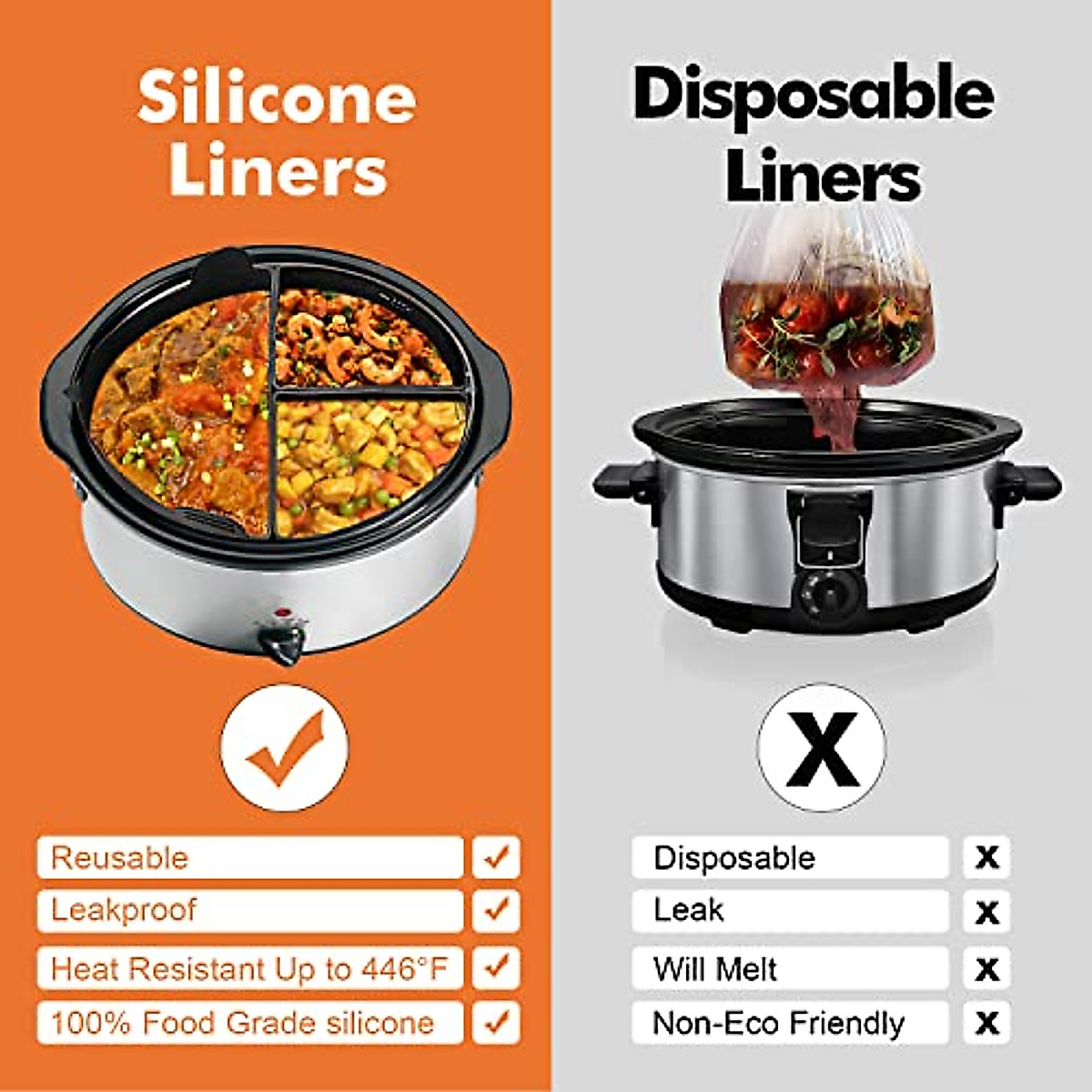 LARMAZEN Slow Cooker Liners for 6 – 8 QT Crockpot & Hamilton Pot, Allows Cooking 3 Foods At Once,Reusable Silicone Slow Cooker Divider Insert,Leakproof/Dishwasher Safe/BPA Free (Black)