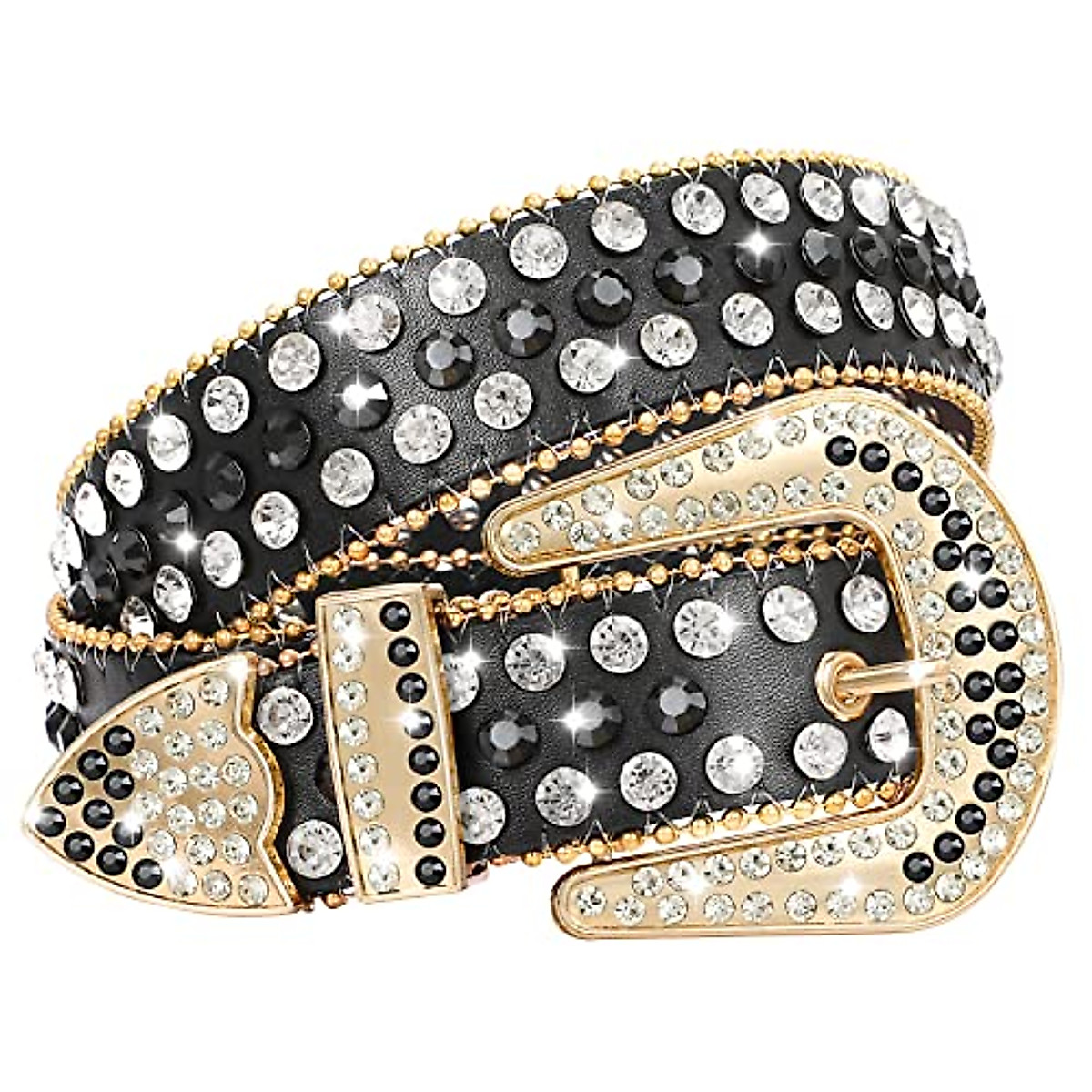 WHIPPY Women Rhinestones Leather Belt Bling Studded Western Cowgirl Waist Belt for Jeans Pants,S,Black
