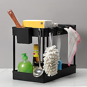 Gaupuncher Under Sink Organizer, 2 Tier Bathroom Organizer, Under Sink Cabinet Organizer with 8 Hooks and 1 Baskets Multipurpose Under Sink Shelf Organizer for Bathroom Kitchen Office (Black)