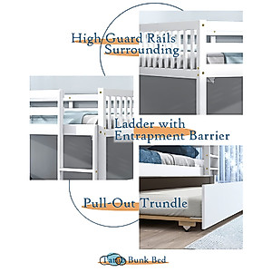 Tatub Full Over Full Bunk Bed with Trundle, Pine Wood Frame, Ladder and Guard Rails, Solid Bunk Bed with Trundle for Kids, Teens, Adults, No Box Spring Needed, Grey