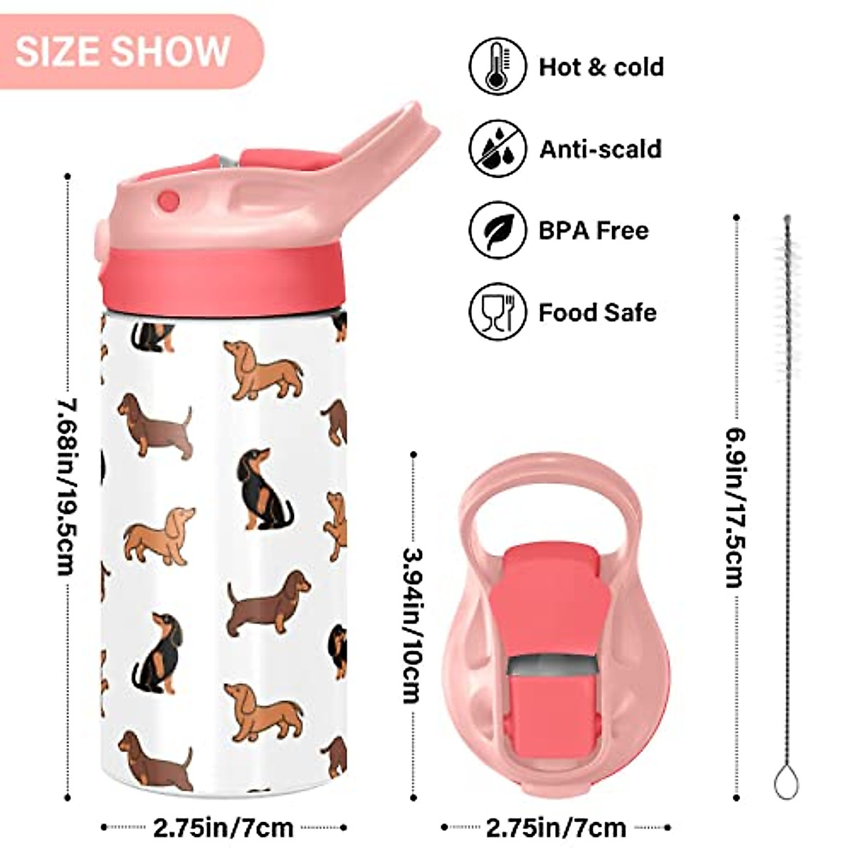 xigua Kids Water Bottles 12oz Cute Dogs Dachshunds Insulated Bottle with Straw Lid Stainless Steel Tumbler Vacuum Cup Thermal Bottles