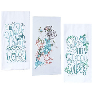 Mermaid Themed Kitchen Dish Towels Set with Sayings | Mermaids, Seashell, Starfish Print | 2 Flour Sack and 1 Terry Cotton Towels for Dishes and Hand Drying