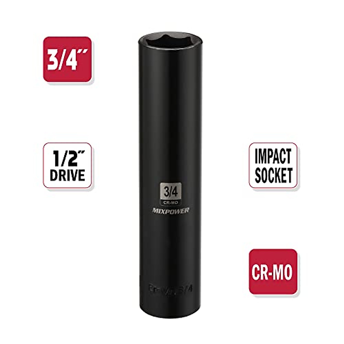MIXPOWER 1/2" Dr. x 3/4-inch Extra Long Deep, 6 Point Impact Socket, Cr-Mo Alloy Steel, Radius Corner Design, Dual Size Markings, 5 inch Length