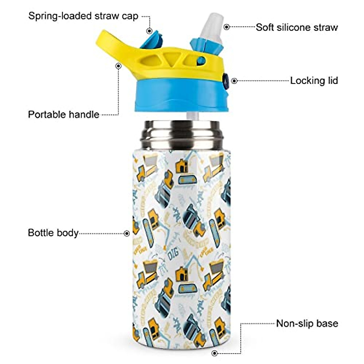 Construction Vehicles Pattern Water Bottle Stainless Steel Water Cup Coffee Mug with Straw for Home Sports Travel Blue-Style