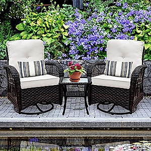 Harlie & Stone Outdoor Swivel Rocker Patio Chairs Set of 2 and Matching Side Table - 3 Piece Wicker Patio Bistro Set with Premium Fabric Cushions Outdoor Furniture (Dark Wicker Chair Beige Cushion)