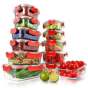 NutriChef Superior Glass Food Storage Containers - 24-Piece Stackable Glass Meal-prep w/ Newly Innovated Hinged BPA-Free 100% Leakproof Locking Lids - Freezer-to-Oven-Safe - NutriChef NCGLRED (Red)