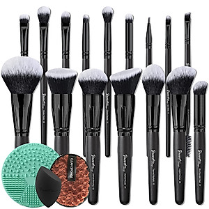Bueart Design 19Pcs Black labeled Makeup Brushes set Contains brush cleaning mat Beauty Sponge, Makeup Remover Pads, Foundation Face Contour Brush set for Blending Blush Concealers Eyeshadow