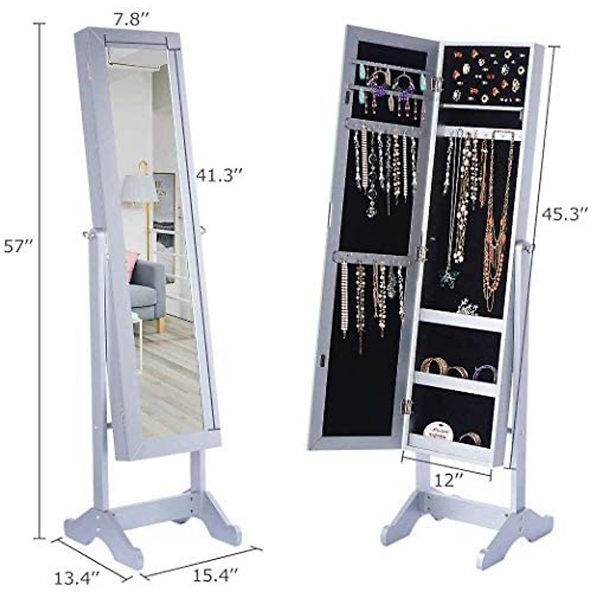 DECOMIL – Jewelry Armoire with Mirror | Jewelry Cabinet Standing, LED Lights and Full lengt Mirror | White
