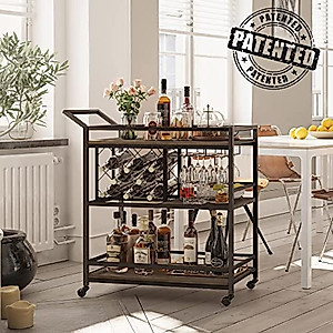 FATORRI Bar Carts for The Home with Wine Rack and Glasses Holder, Rustic Rolling Serving Cart on Wheels for Liquor and Alcohol, Wood and Metal Drink Cart and Beverage Cart (Walnut Brown)