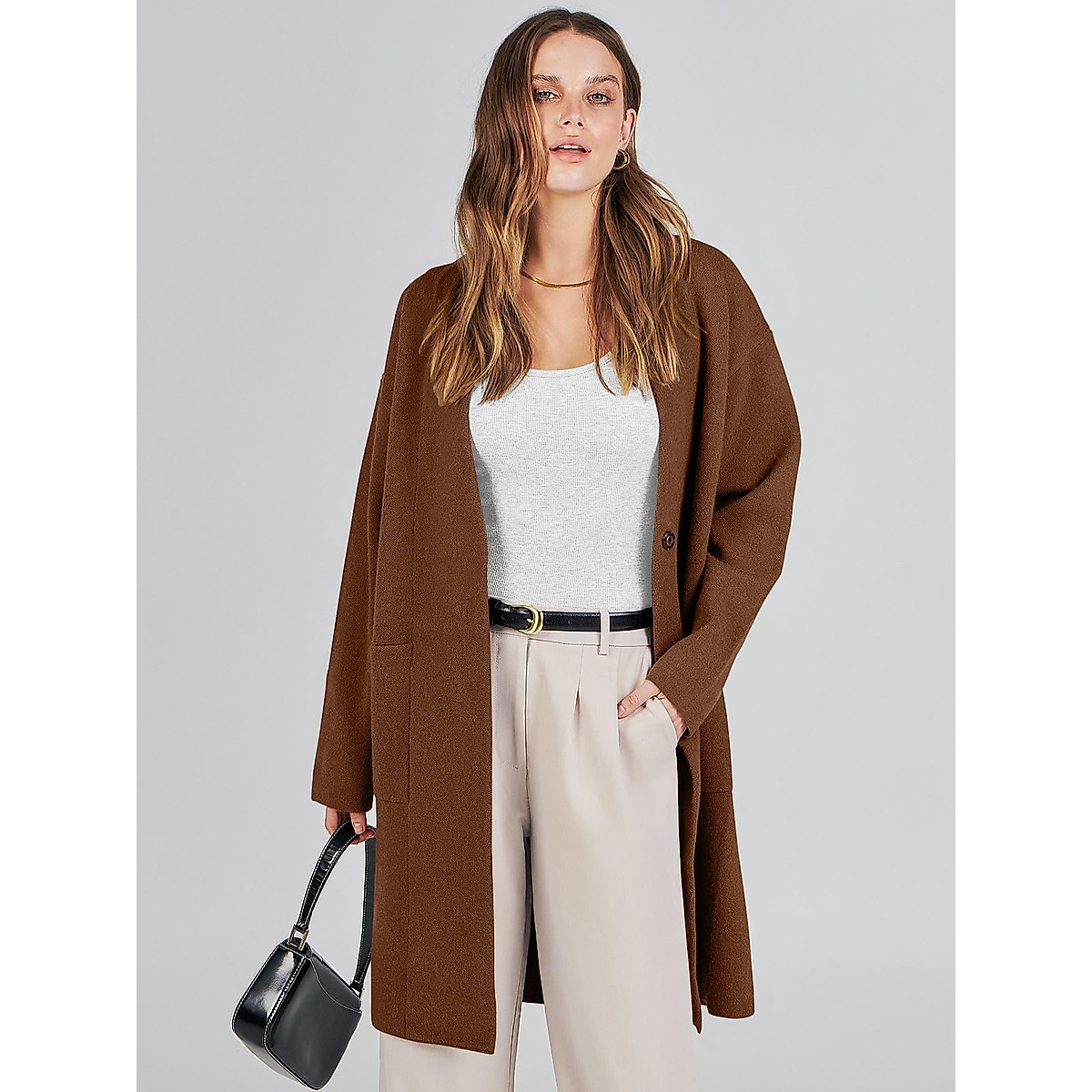 ANRABESS Women's 2023 Cardigan Coat Long Sleeve Open Front Knit Casual Coatigan Sweater Classy Trendy Clothes Spring Going Out Jacket Outwear B1123jiaotang-M, Caramel