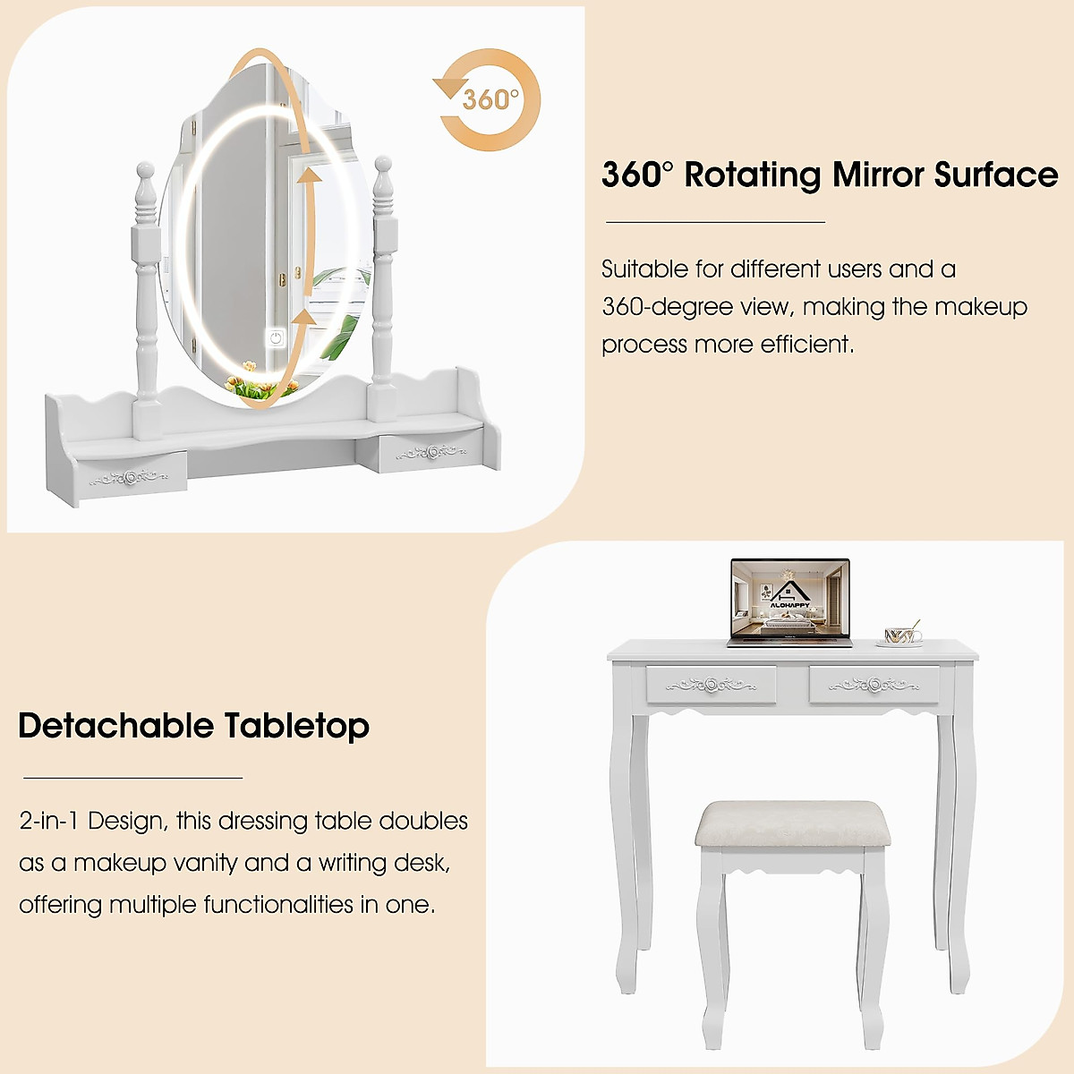 Vanity Desk with Mirror and Lights, Modern Vanity Makeup Table and Cushioned Stool Set with 4 Drawers, 3 Color Lighting Modes with Adjustable Brightness, Dressing Table Set for Bedroom (White)