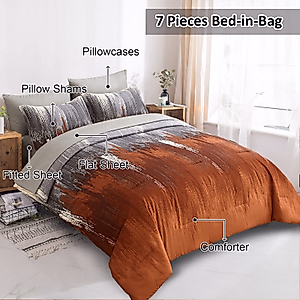 WONGS BEDDING Burnt Orange Comforter Set King, 7 Pieces Bed in a Bag Abstract Art Gradient Soft Microfiber Fall Terracotta Bedding - Comforter, Flat Sheet, Fitted Sheet, Pillow Shams,Pillowcases