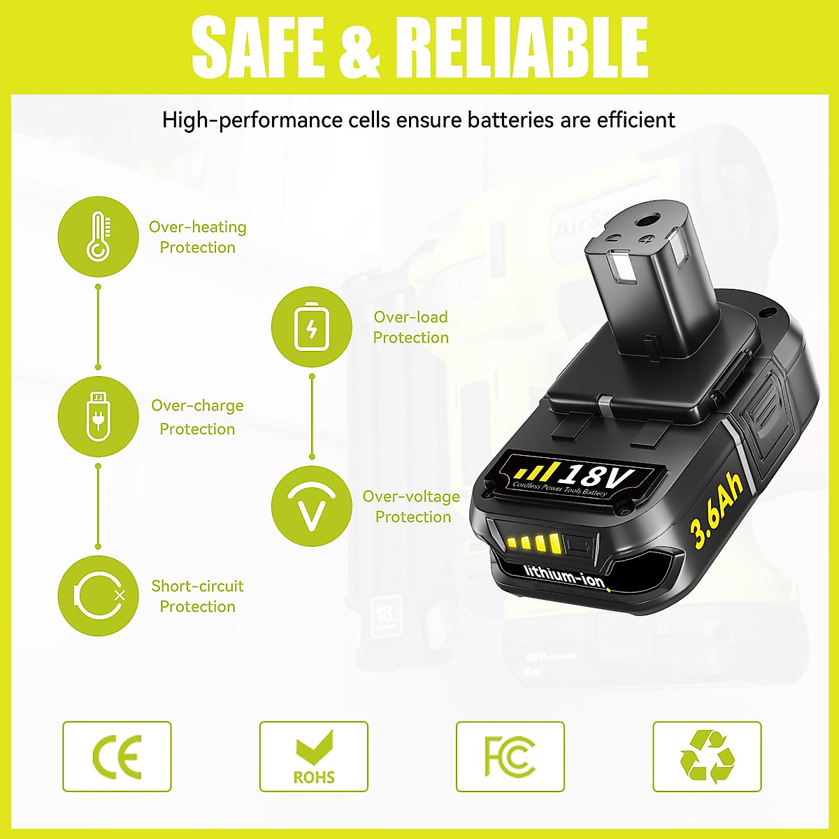 VANON Replacement for Ryobi 18V Battery 3.6Ah Lithium ion 18 Volt Batteries Replacement for Ryobi 18V Cordless Tools P102 P107 P105 P104 P103 P108 2Pack.