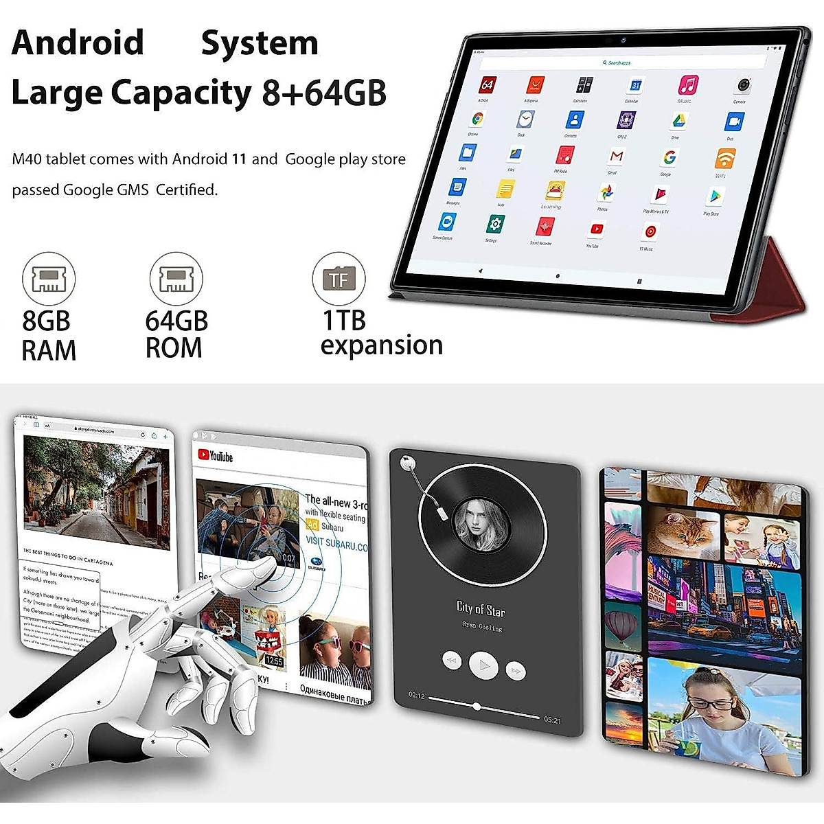 AOYODKG Tablet 2 in 1, 10.1 inch Android 11 Tablet with Keyboard, Case Mouse, 4GB RAM+64GB ROM(256GB Expand), Quad-Core Processor, 1280x800 IPS HD Display, Games, Wi-Fi, Bluetooth, AYO-A10 (Gold)