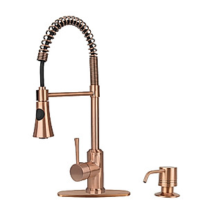 Copper Kitchen Faucet with Soap Dispenser, Single Handle Solid Brass High Arc Pull Down Sprayer Head Kitchen Sink Faucets with Deck Plate OH566