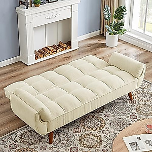 Eafurn 75" Foldable Convertible Sleeper Sofa Bed Versatile Futon Couches with Arm Pillows and Sturdy Wooden Legs, 3 Seater Tufted Linen Comfy Sofa & Couches for Living Room, Bedroom, Small Space
