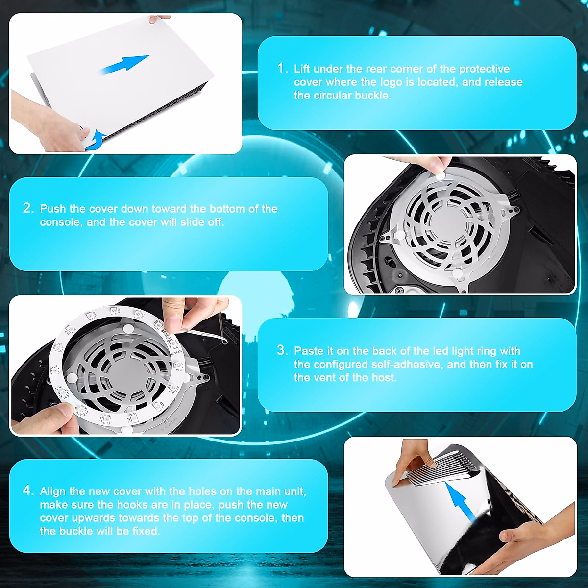 SIKEMAY PS5 Plates Console Accessories with Cooling Vent and RGB LED Light Strip for PlayStation 5 Disc Edition, PS5 Cover Face Plates Hard Shockproof Side Shell Skin, 8 Colors 400 Effects - Silver