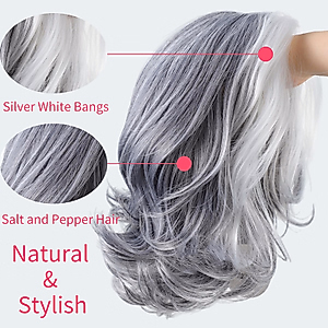 RENERSHOW Mid-length Grey Wavy Bob Wigs for Women Short Gray Curly Wig Synthetic Salt and Pepper Wigs Average Size Realistic Natural Daily Party Wigs for Older Women with Silver White Bangs(10-12inch)