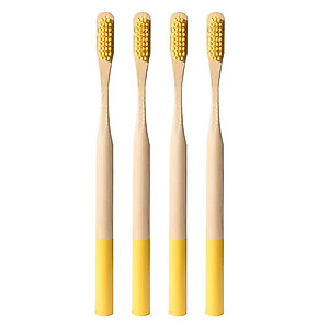 EXCEART Wooden Manual Toothbrushes 4pcs Organic Bamboo Toothbrushes Bamboo Cotton Buds Natural Wooden Charcoal Toothbrush Bristle for (Yellow) Natural Charcoal Toothbrush