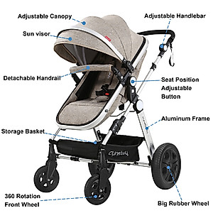 Cynebaby Baby Stroller, Convertible Bassinet Stroller for Newborn Infant Lightweight Pram Strollers with Snack Tray… (Khaki)