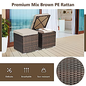 Tangkula 2 Pieces Patio Ottomans, Patiojoy Hand-Woven PE Rattan Side Table with Removable Cushion & Hidden Storage Space, Multifunctional Storage Box, Seat for Patio, Backyard, Poolside (Beige)