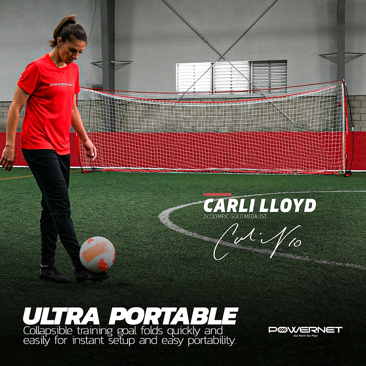 PowerNet Carli Lloyd Soccer Goal 24 x 8 | Regulation Goal Size | Portable Instant Net | Collapsible Metal Base | Quick Setup Easy Storage | 1 Goal+1 Wheeled Carrying Bag | Full Size
